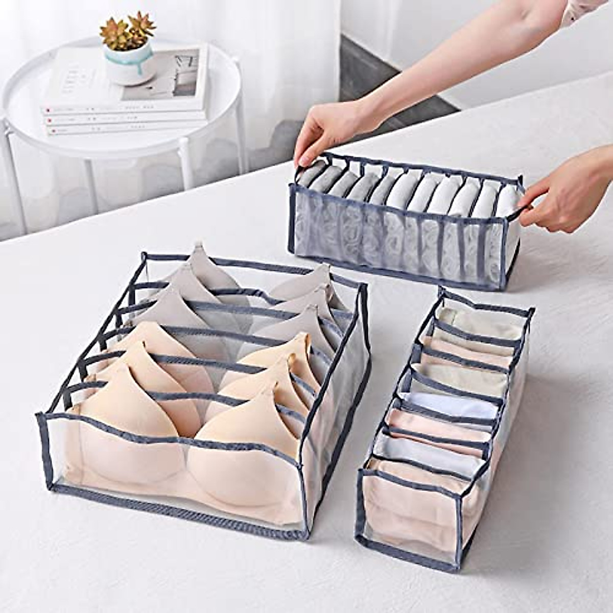 6 Pcs Clothes Organizer,Drawer Organizer Clothes,Wardrobe Drawer Organizers Clothes Closet Storage ,Foldable Mesh Separation Box for T-shirt, Socks, Legging, Scarves, Underwear (Grey, 6/7/11 Grids)