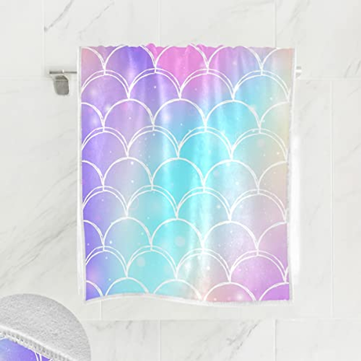 Wamika Glittering Mermaid Scale Hand Bath Towel Shower Towels Set Purple Pink Turquoise Kitchen Hanging Gym Fingertip Bathroom Towel Highly Absorbent