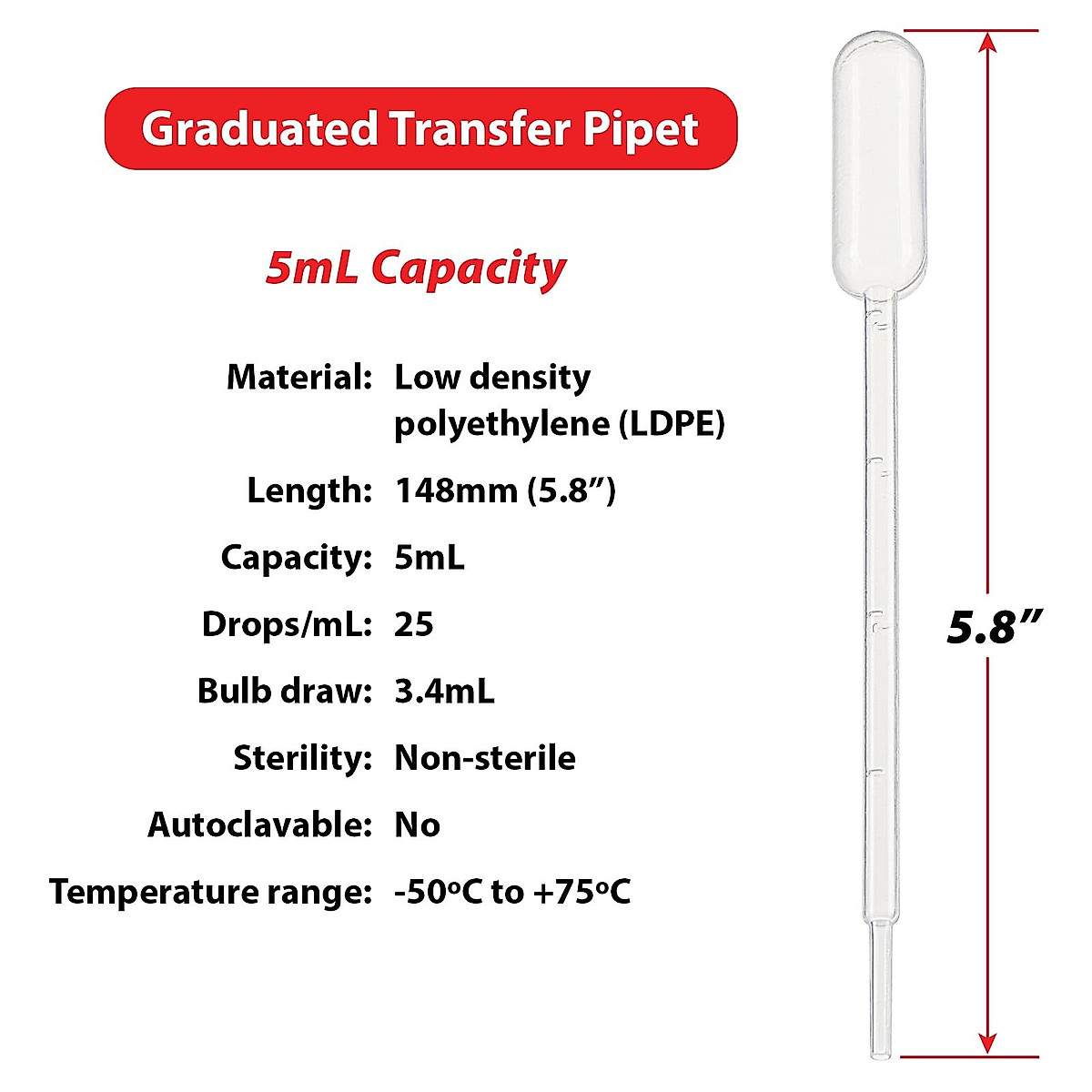 Globe Scientific 137010-500 LDPE Graduated Transfer Pipet, Large Bulb, Non-Sterile, 150mm Length, 5.0mL Capacity (Box of 500)