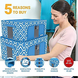 OrganizeMe 3 Pack Stackable Clothes Storage Bin Metal Frame Collapsible Storage Box Foldable Bin For Blankets Cloths Comforters Closet Organiser Sturdy Handle Design with Clear Window (Brilliant Blue)