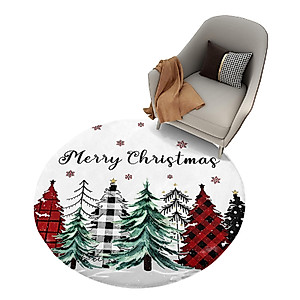 Buffalo Plaid Tree Fluffy Round Area Rug Carpets 3.3ft, Plush Shaggy Carpet Soft Circular Rugs, Non-Slip Fuzzy Accent Floor Mat for Living Room Bedroom Nursery Decor Christmas Red Green Black Dots