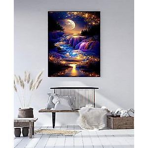 CHWGLFGG 5D Diamond Painting Kits for Adults Beginners, Moonlight Waterfall Diamond Art Kits, DIY Full Round Drill Night Moon Landscape Paint with Diamonds Gem Art, Home Wall Decor 12 x 16 Inch