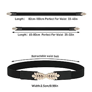 AWAYTR Skinny Belts for Women Dresses - Retro Olive leaves Buckle Stretchy Elastic Belts for Jeans(Black+ Brown,Suitable Waist 33-40in)