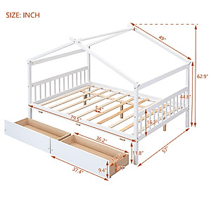 Full Size House Bed for Kids, Montessori Bed Full Size Platform Bed Frame with 2 Drawers, Headboard and Footboard, Solid Wood Full Storage Bed for Girls & Boys (Full, White)
