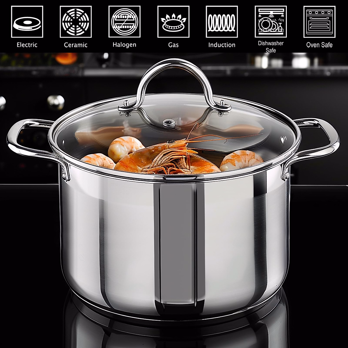 GreatChef Stock Pot Stainless Steel 16 Quart with Tempered Glass Lid for Cooking Riveted Handle, Heavy Duty Vessel,Induction Compatible All Cooktops in Use, Dishwasher & Oven Safe