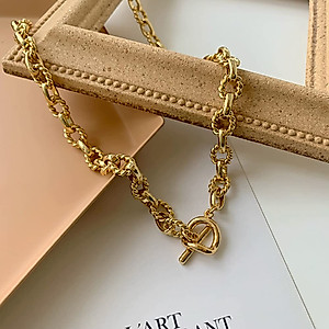 BAMERAL Chunky Gold Chain Necklace for Women 18K Gold Plated Twisted Oval Link Chain Choker Toggle Clasp Necklace for Women Jewelry