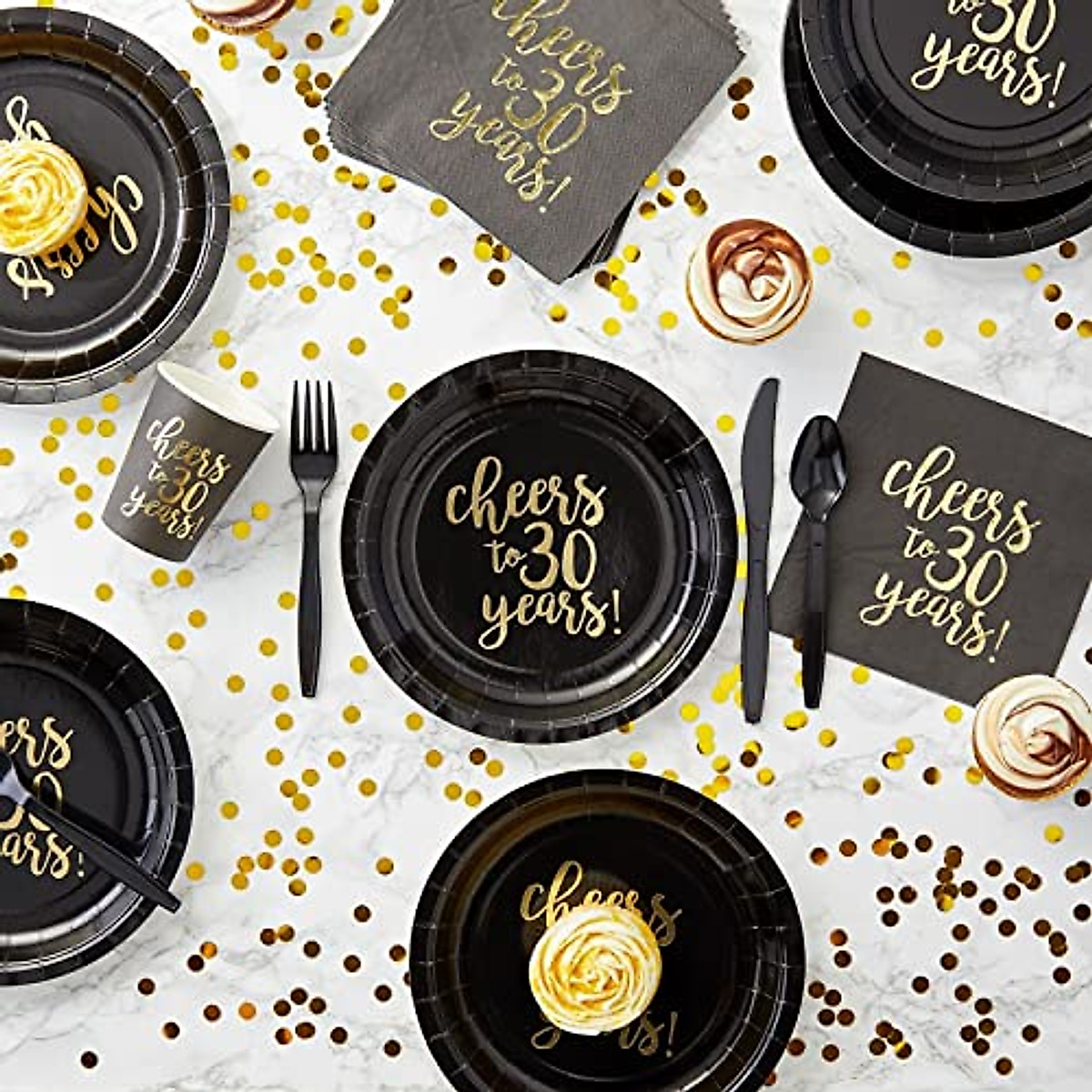 144-Piece Cheers to 30 Years Plates, Napkins, Cutlery, and Cups for Black and Gold 30th Birthday Party Supplies, Anniversary Decorations (Serves 24)