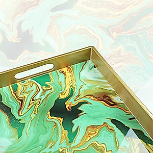 Leemxiiny Green Marbling Decorative Tray with Handles, Morden Plastic Rectangular Serving Tray for Coffee Table Bathroom, Ottoman, Home Decor, 15.7"* 10.2"* 1.38"