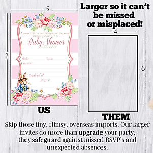 Amanda Creation Little Bunny Rabbit Baby Shower Invites for Girls, 20 5x7 Double Sided Fill In Pink Bunny Invitations with Twenty White Envelopes Floral Cards It’s A Girl