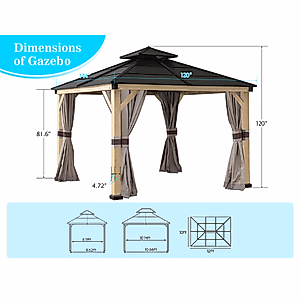Hofzelt 10' x 12' Hardtop Gazebo, Heavy-Duty Aluminum Frame with Iron Roof, Featuring White Wood Grain Heat Transfer Pillars, Inclusive of Mosquito Netting and Privacy Sidewalls