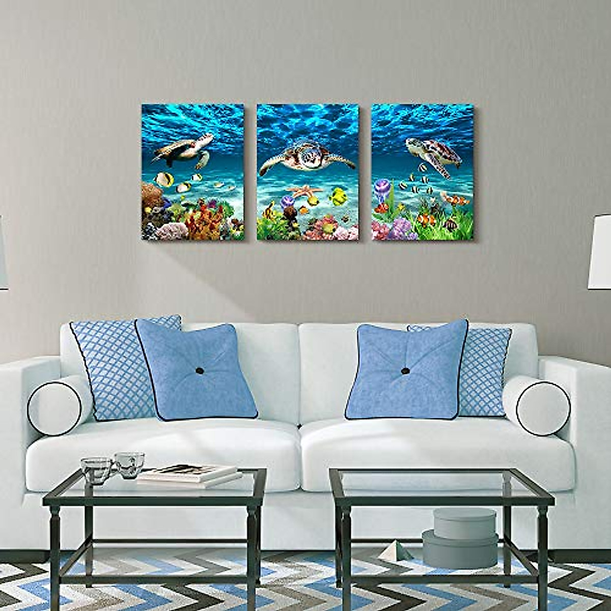 Canvas Wall Art for Living Room family Wall decor for Bedroom Bathroom Wall Decoration blue Ocean Sea Turtle Canvas Art Modern shark Pictures Artwork Paintings office Ready to Hang 12" x 16" 3 Pieces