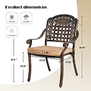 OKIDA 2 Piece Outdoor Dining Chairs, Cast Aluminum Chairs with Armrest, Patio Bistro Chair Set of 2 for Garden, Backyard (Mesh Design with Khaki Cushion)