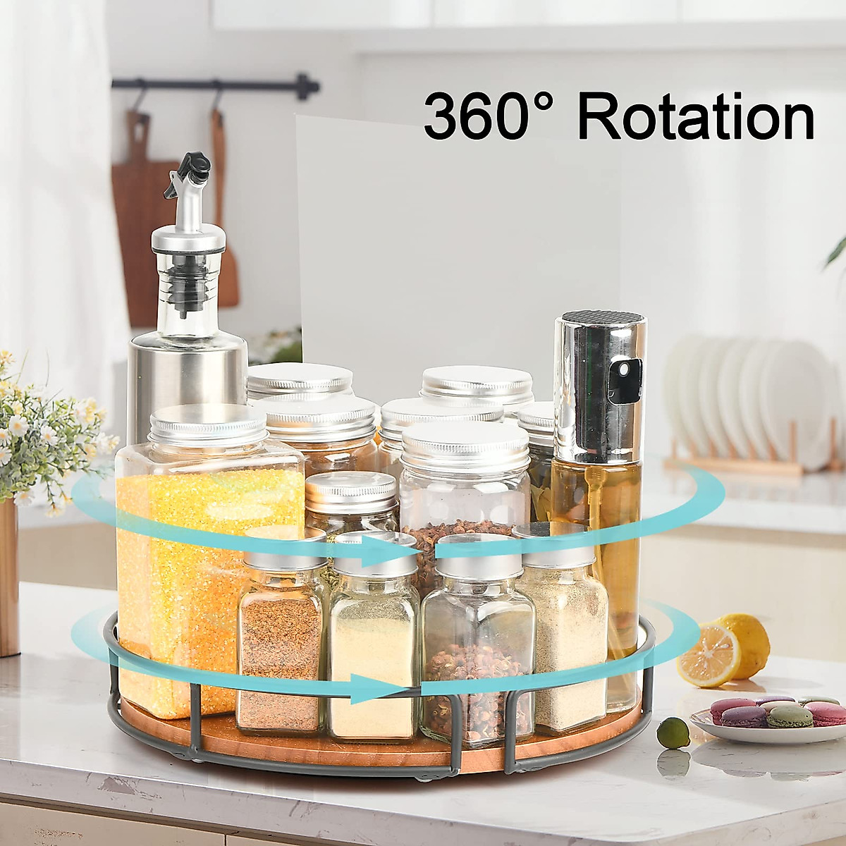 Set of 2, 10 Inch Lazy Susan Organizer - Non-Skid Wood Turntable Organizer for Cabinet, Pantry, Kitchen Countertop, Refrigerator, Spice Rack