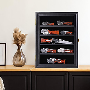 LIUYALO Knife Display Case 5 Rows Pocket Knife Display Cases for Collections Stand Military Folding Knife Shadow Box Wall Cabinet with UV Protection Acrylic Lockable, Black