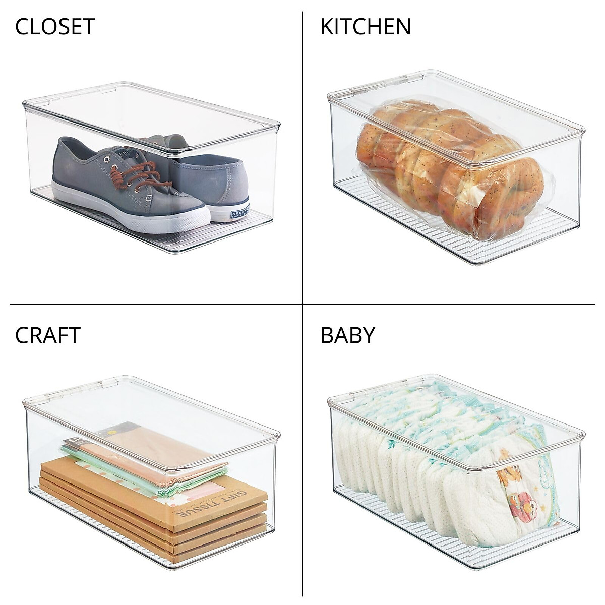 mDesign Plastic Stackable Toy Storage Bin Container Box with Hinge Lid for Organizing Living Room, Play Room, Bedroom, Nursery, Hold Blocks, Puzzles, Books, Lumiere Collection, 4 Pack - Clear