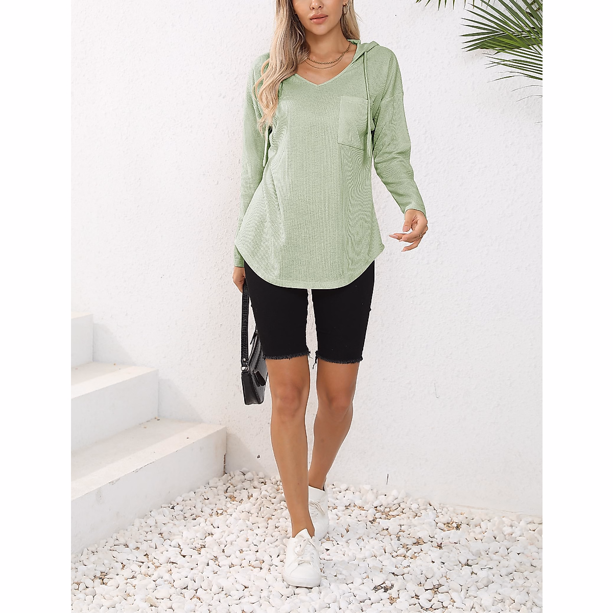 morhuduck Women's V Neck Hoodies Long Sleeve Sweatshirt Drawstring Pullover Tops with Pocket (Mint Green M)