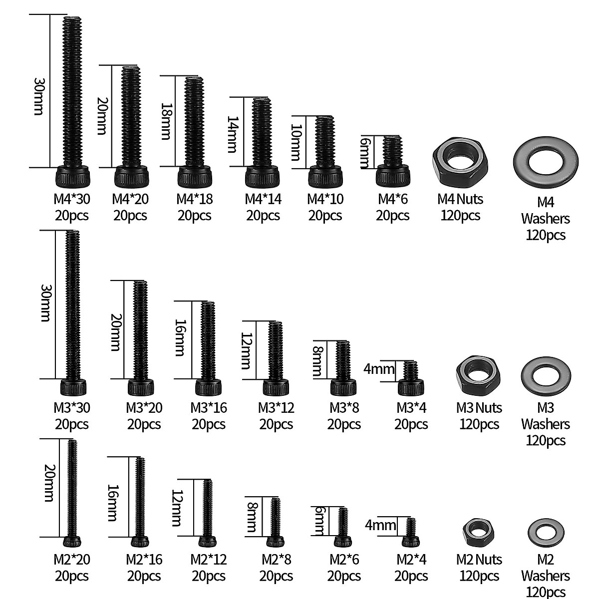 1080 Pcs M2 M3 M4 Hex Button Socket Head Cap Screws Bolts Nuts Flat Washers Assortment Kit, Alloy Steel Black Machine Screws and Nuts and Bolts and Washers Set (1080Black)