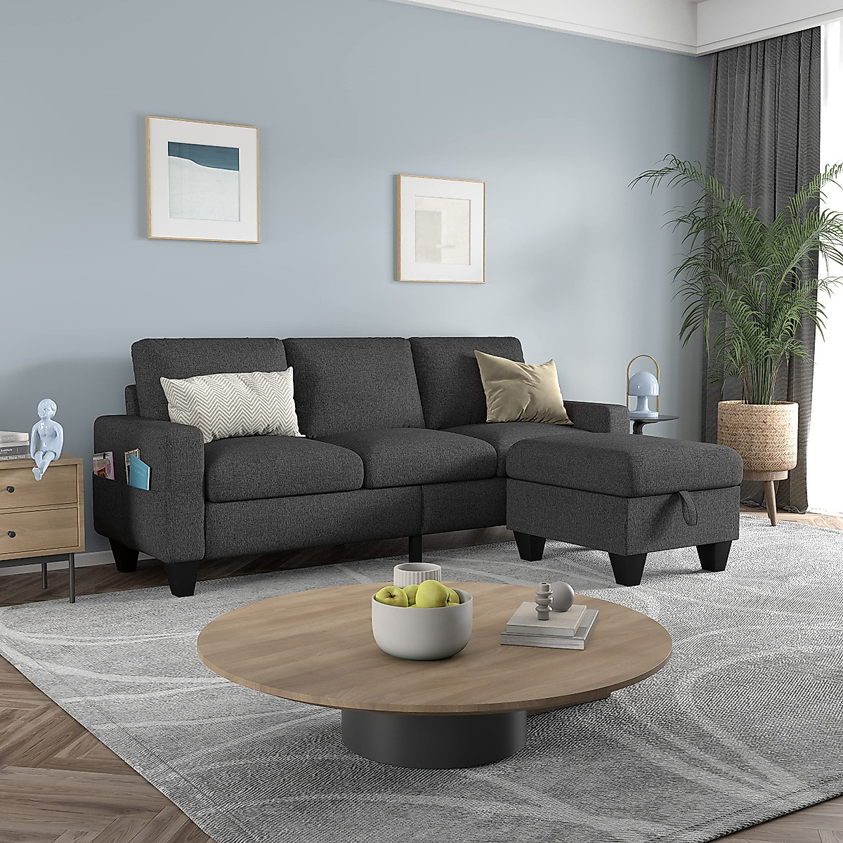 Dark Grey Convertible Sectional Sofa Couch,3 Seat L Shaped Sofa Couch with Storage Reversible Ottoman and Pockets, Modern Linen Upholstered Sofa Furniture Sets for Living Room Bedroom Small Space