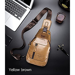 BULLCAPTAIN Genuine Leather Men's Sling Shoulder Backpack Multi-pocket Crossbody Chest Bags Travel Hiking Daypack with Earphone Hole (Yellowish brown)