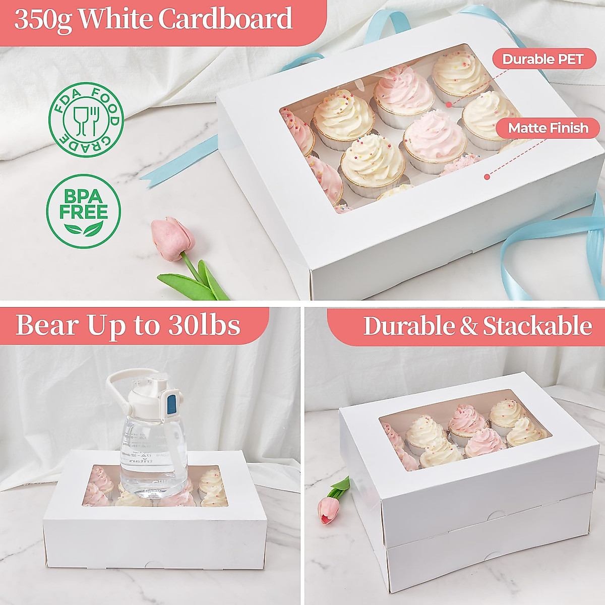 Ohuhu Cupcake Boxes, Upgraded Thicken 6 Pack 12 Count Cupcake Container - Food Grade Cupcake Carrier with Handle Tray Window and Inserts to Hold 72 Pastry Muffin Box for Birthday Holiday Party Bakery