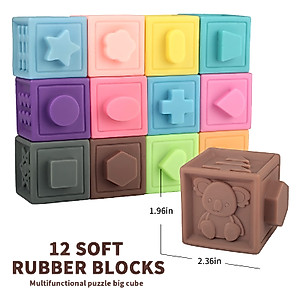 MORNSUNO Baby Blocks 6 to 12 Months,Soft Building Blocks for Babies 6 Months and up, Stacking Teething & Squeezing Toys for Infants Toddlers, Cube Blocks with Numbers Animals Fruits Textures