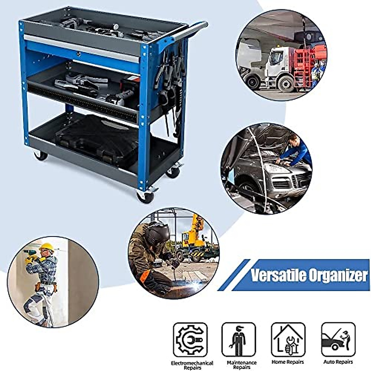 AIRAJ PRO 3 Tier Tool Cart,440 LBS Rolling Tool Cart with Drawer and Wheels,Heavy Duty Industrial Service Cart,Tool Storage Cart with Lockable Drawers ,Tool Storage Organizer for Garage, Warehouse,Workshop,Blue