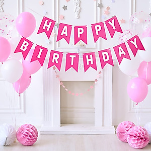 JANSONG HAPPY BIRTHDAY Banner，Rose Pink With White Letters Banner，Swallowtail Design Hanging Signs Birthday Party Supplies for Girls Birthday Party Birthday Decorations