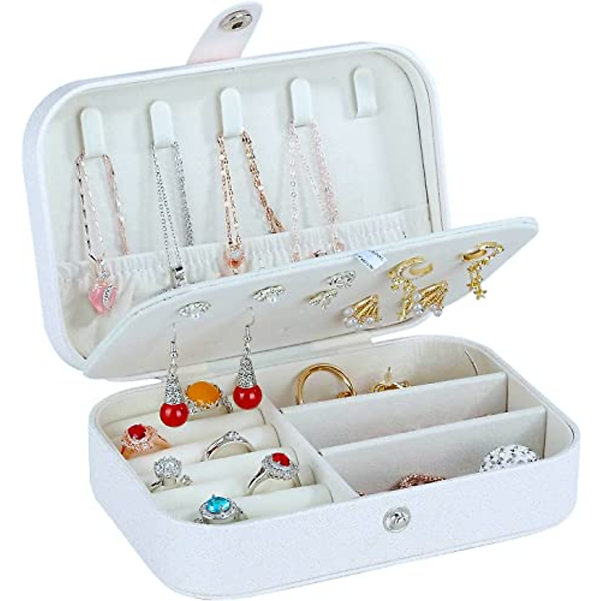 Travel Jewelry Organizer Box PU Leather Small Travel Case Portable Storage Holder Box for Earrings Necklaces Rings Bracelets (White)