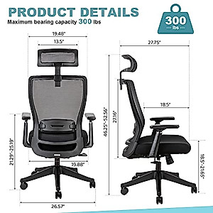 H HONSIT Big and Tall Office Chair- Ergonomic Mesh Office Chair with 3D Armrest, Adjustable Headrest and Sponge Lumbar Support, Comfortable Tilt Function Executive Swivel Office Chair,300lbs