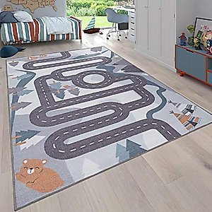 Kids Rug Play Mat Mountain Road with Bears & Trees for Playroom in Blue , Size: 2'8" x 4'11"