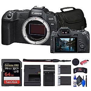 Canon EOS R8 Mirrorless Camera (5803C002) + 64GB Memory Card + Bag + Charger + LPE17 Battery + Card Reader + Memory Wallet + Cleaning Kit (Renewed)