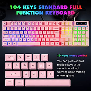 Pink Keyboard and Mouse Gaming Setup USB Wired Kawaii Combo Multi Color RGB Backlit Non-Conflict Brown Mechanical Switch Feel 4200DPI Mice for PC Game Host PS4 PS5 Computer