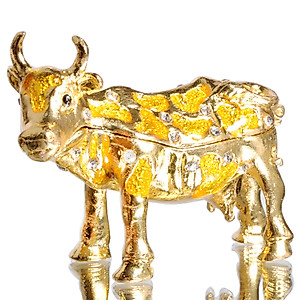 Waltz&F Golden Bull Hinged Trinket Box Bejeweled Hand-Painted Ring Holder Animal Collectible Figurine Decoration