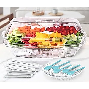 INNOVATIVE LIFE High-end Veggie Fruit Tray with Lid, Ice Chilled Vegetable Serving Platter with Ice Tray on Bottom, Perfect for Entertaining, Parties and Buffet, Clear