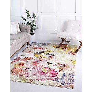 Unique Loom Lyon Collection Modern Watercolor Floral Area Rug, 9 x 12 ft, Ivory/Pink