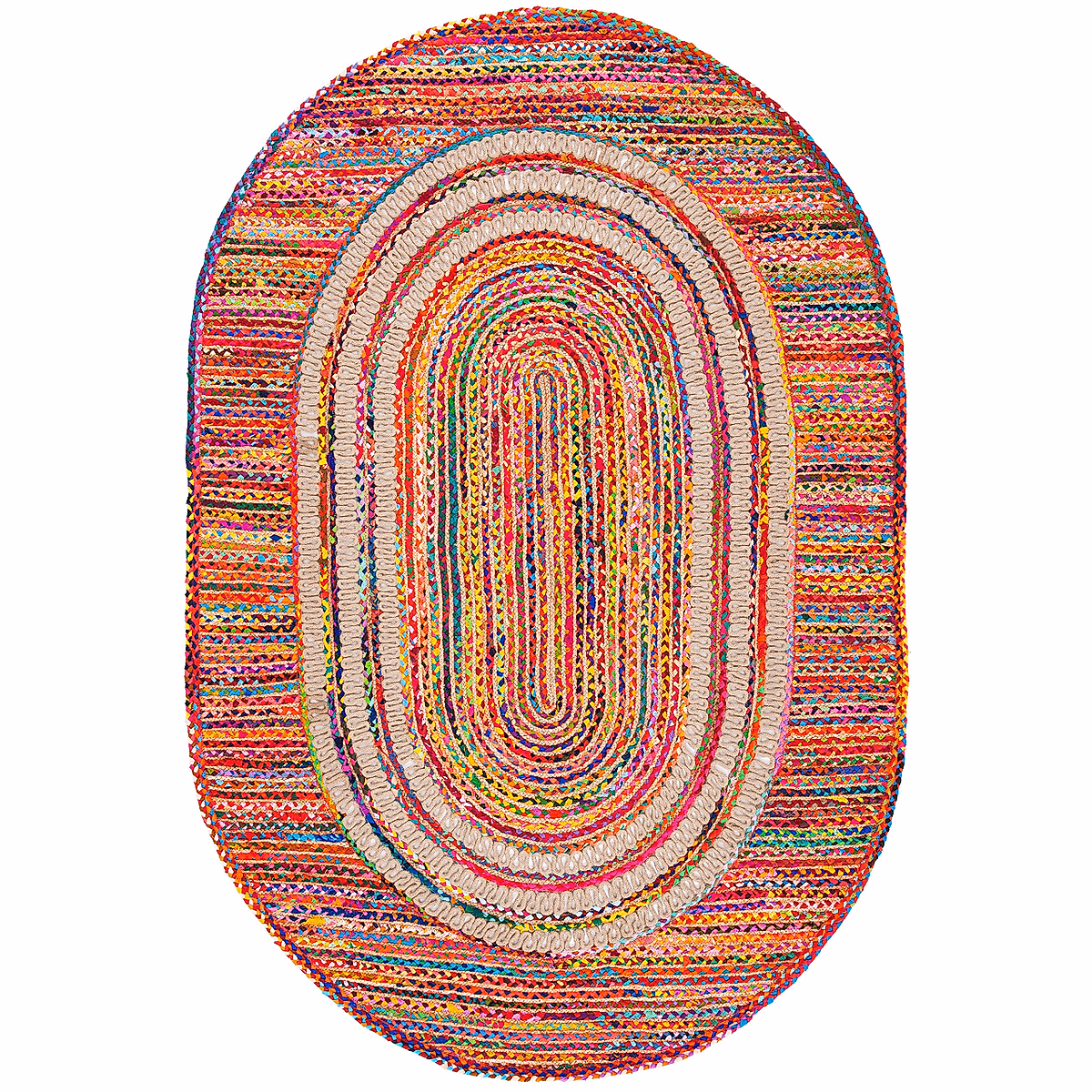 SAFAVIEH Braided Collection 4' x 6' Oval Pink / Red BRD263U Handmade Boho Reversible Cotton & Jute Area Rug