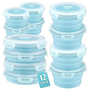 Tanlade 12 Pack Collapsible Bowls with Lids 17oz Collapsible Food Storage Containers Round Lunch Containers Silicone Collapsible Bowls for Camping RV Kitchen Microwave Dishwasher (Pink, Blue)