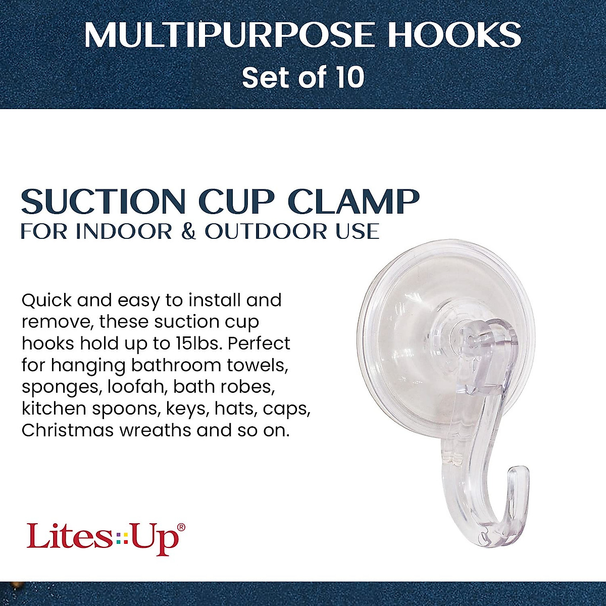 LITES-UP Christmas Wreath Hanger Heavy Duty Suction Cup Hooks for Holiday Decorations, Bath & Kitchen Accessories – Strong on Windows & Glass, Clear & Removable – Holds Up to 15 lbs – Set of 10