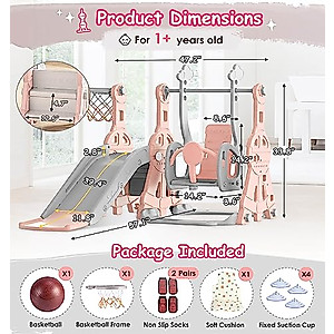 BIERUM 4 in 1 Toddler Slide and Swing Set, Kid Slide for Toddlers Age 1-3, Baby Slide with Basketball Hoop, Indoor Outdoor Slide Toddler Playset Toddler Playground Pink