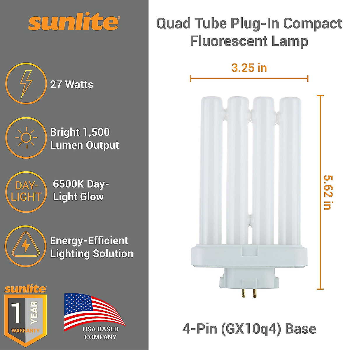 Sunlite FML27/65K/2PK Quad Tube Plug-in Compact Fluorescent Lamp, FML 4-Pin, 27 Watts, 1500 Lumens, 6500K Daylight, 4-Pin (GX10q4) Base, 120 Volts, 2 Pack