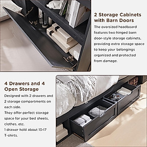 ACCOHOHO Farmhouse Full Size Wood Bed Frame with 52" Tall Storage Headboard and 4 Drawers,LED Light,Charging Station,Solid Wood Slats Support,Noiseless,No Box Spring Needed,Black