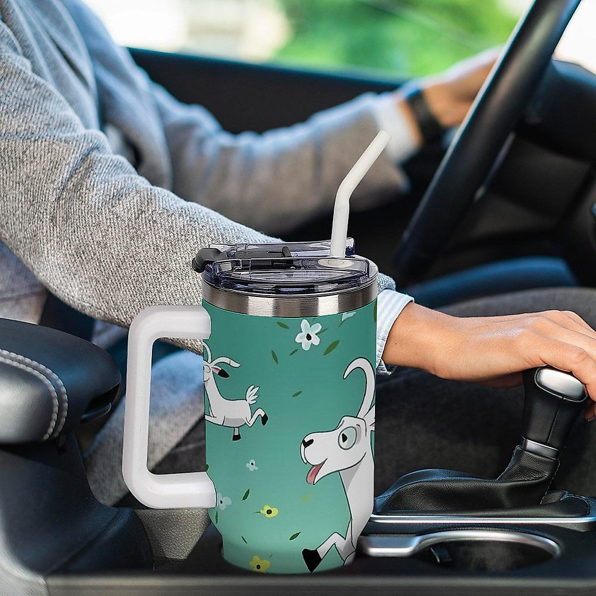 DWVSFJM Goat Frolic Insulated Tumbler 40 Oz Stainless Steel Double Wall Vacuum Travel Mug Large Capacity Car Cup Reusable Coffee Cup with Handle And Straw Lid Gifts White
