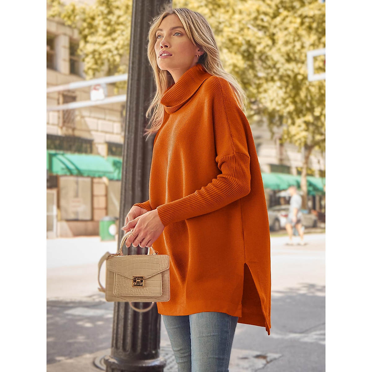 LILLUSORY Orange Turtleneck Oversized Sweaters Long Batwing Sleeve Tunic Pullover Sweater Knit Tops