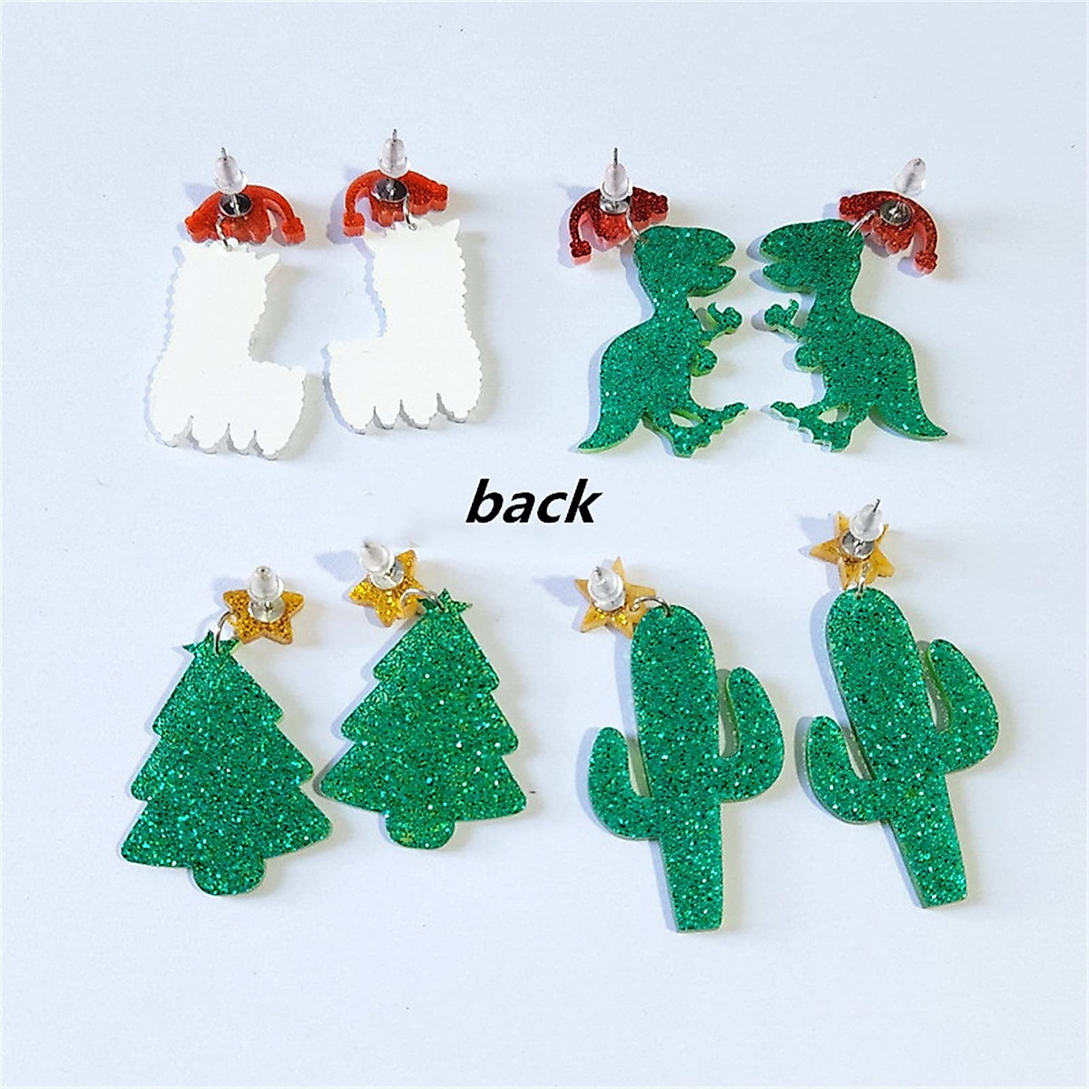 4/5Pairs Cute Cartoon Christmas Tree Dinosaur Alpaca Cactus Santa Claus Hat Drop Dangle Earring Set for Women Acrylic Glitter Cactus Animal Earring Xmas Party Jewelry Gift-A 4pairs