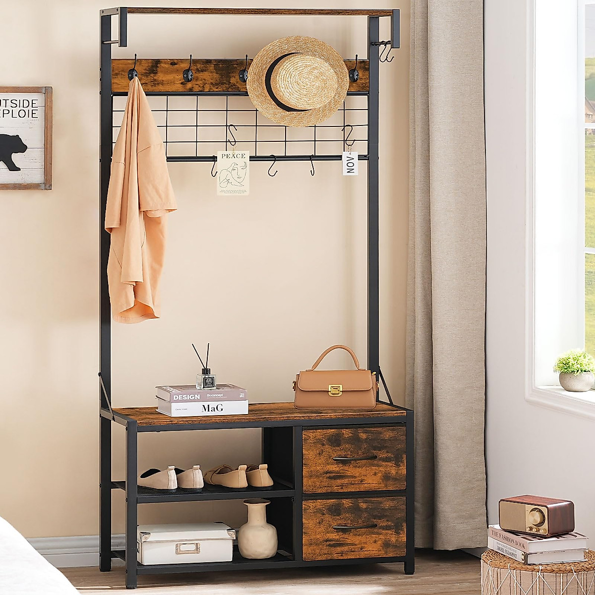 HOOBRO Hall Tree with Bench, 31.5" Coat Rack with Shoe Storage, 2 Fabric Drawers, Entryway Bench with Coat Rack, Coat and Shoe Rack for Entryway, 9 S-Shaped Hooks, Rustic Brown and Black BF08MT01