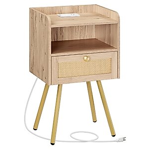 HOOBRO Nightstand with Charging Station, Side Table with Rattan-Like Decor Drawer, Rattan End Table with Open Storage, Bedside Table for Bedroom, Study Room, White Oak DO92UBZ01