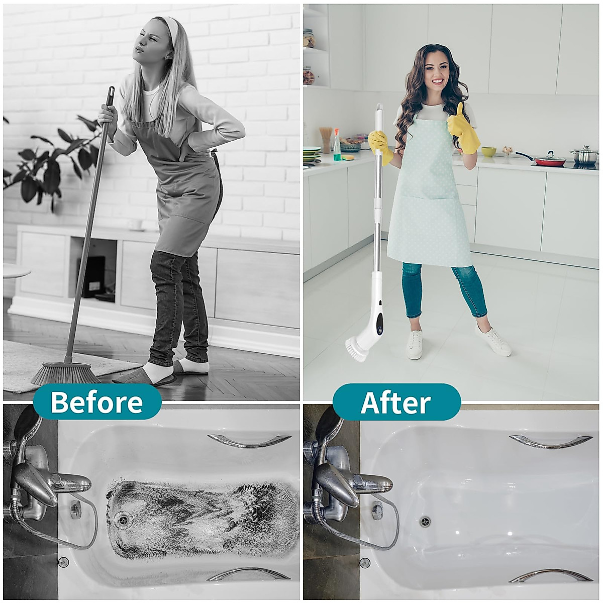 Electric Spin Scrubber, Cordless Cleaning Brush with Adjustable Extension Arm 9 Replaceable Cleaning Heads, LED Screen Voice 3 Adjustable Speeds Power Shower Scrubber for Bathroom, Tub, Tile, Floor