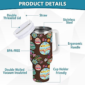 RPLIFE Cute Easter Bunnies Brown 40oz Tumbler with Handle, Stainless Steel Water Bottle with Straw, Travel Coffee Tumbler