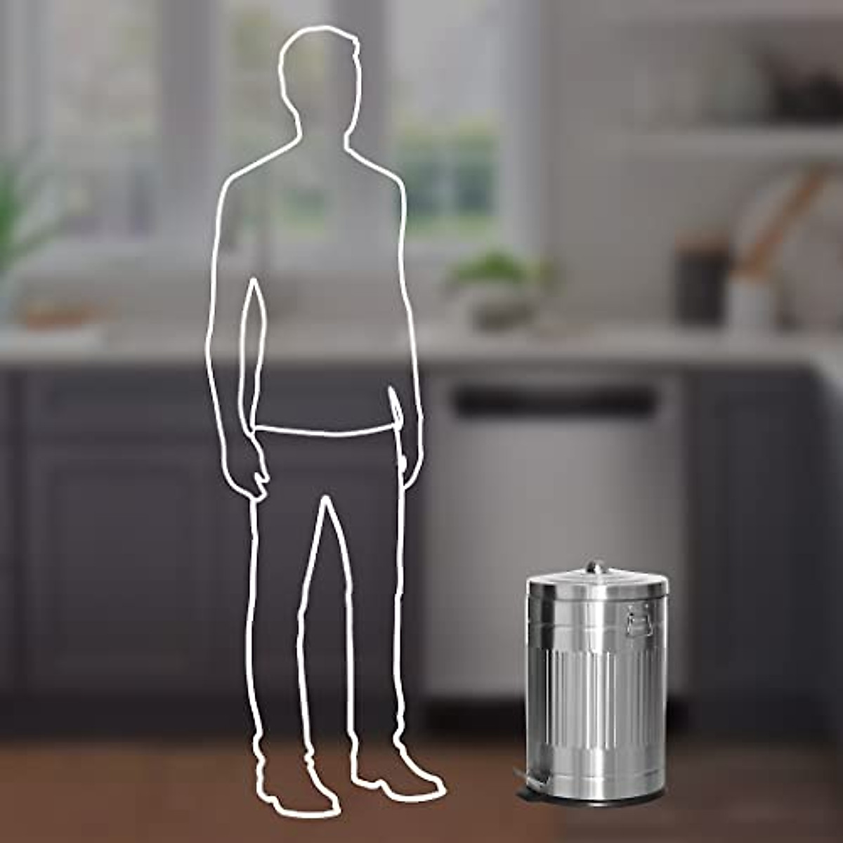 AWENN Step Trash Can with Lid and Pedal 20 Liter / 5.3 Gallon, Vintage Garbage Bin for Kitchen, Office, Home, Pet Waste Container - Retro Metal Wastebasket W/Step Pedal, Silver