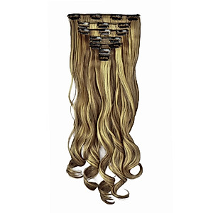 FESHFEN Clip in Hair Extensions 7 PCS Blonde Highlighted Medium Brown Long Curly Wavy Synthetic Balayage Clip in Hair Extension Full Head Hairpiece for Women Girls, 20 inch